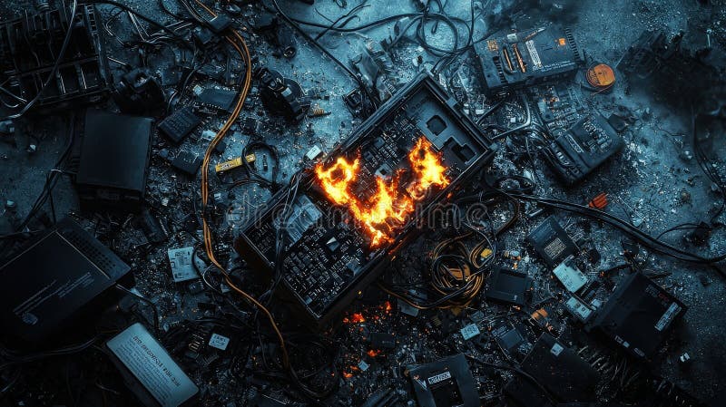 Dark Atmosphere of Tech Failure Aerial View of Burning Computer ...