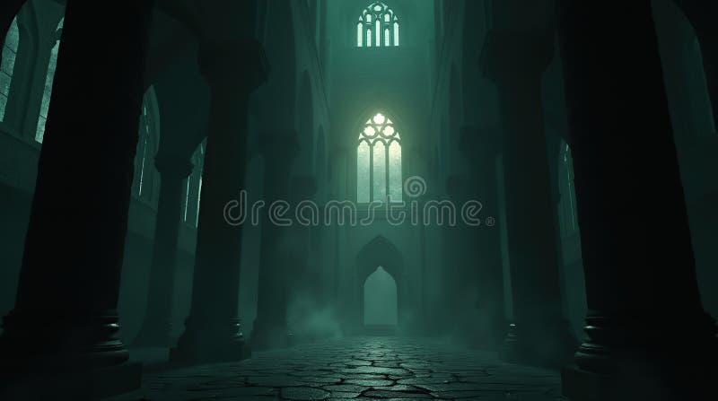 Dark Gothic Interior Hall with Tall Arches and Atmospheric Lighting ...