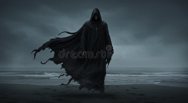 Dark, Atmospheric Scene Featuring a Hooded Figure in a Tattered Black ...