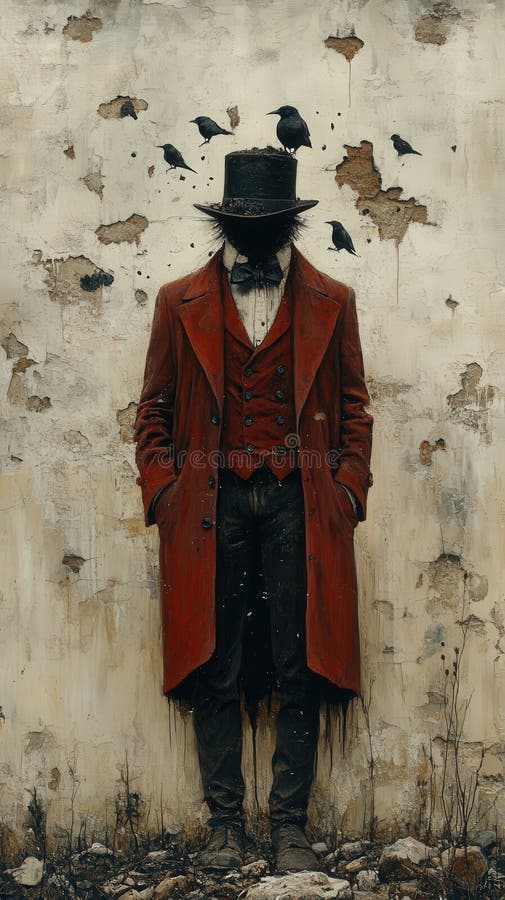 Mysterious Man in Red Coat with Crows and Aged Wall Stock Photo - Image ...