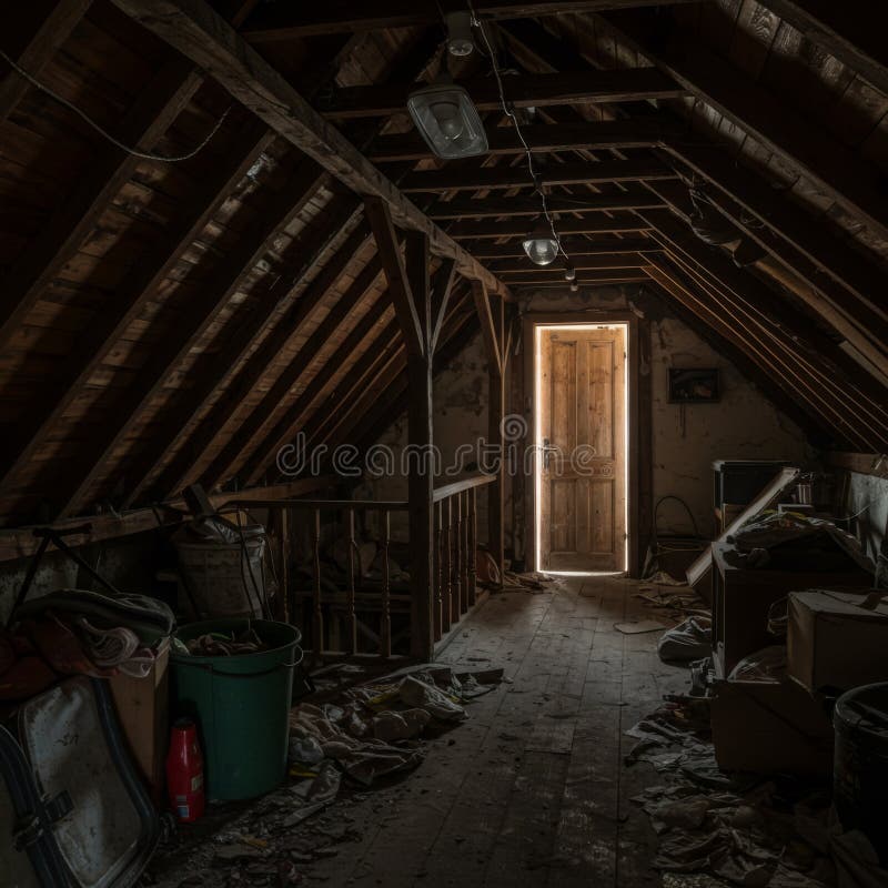 Dark Attic Interior with Wooden Beams and Clutter Stock Illustration - Illustration of dusty ...