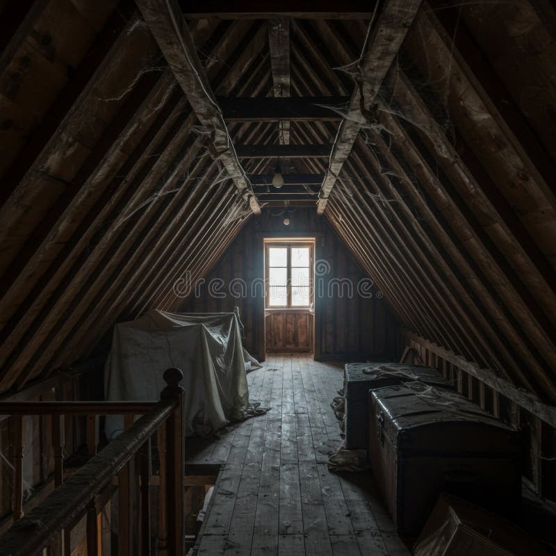 Dark Attic Interior with Wooden Beams and Dust Stock Illustration - Illustration of attic, eerie ...