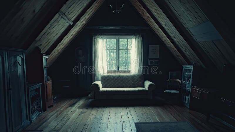 Dark Attic Room with Old Sofa and Window Light Stock Image - Image of ...
