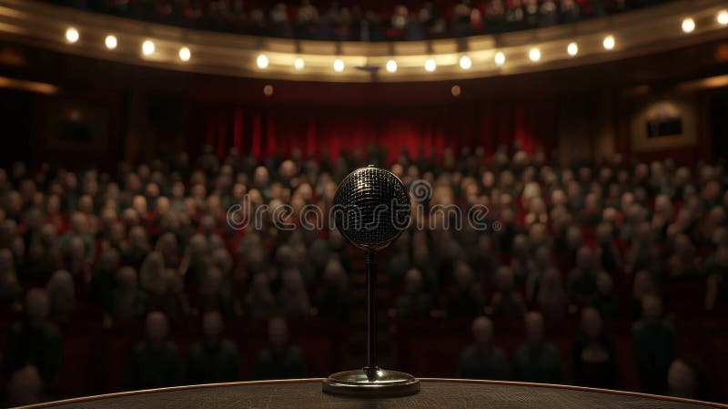 In a Dark Auditorium with Lights Shining on the Stage, a Microphone ...