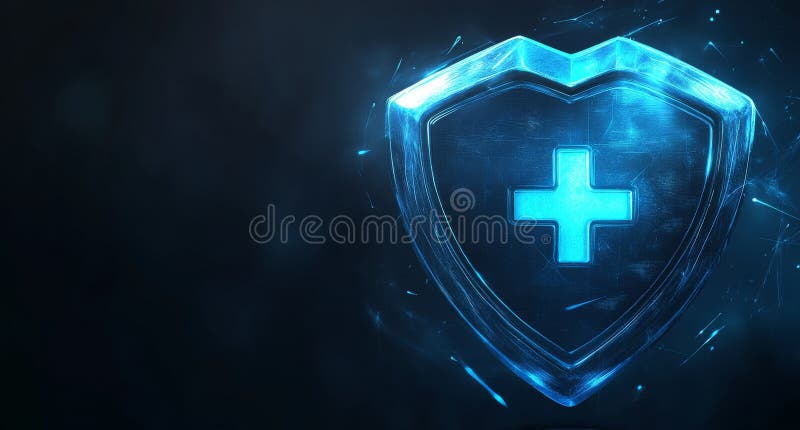 On a Dark Backdrop, a Glowing Blue Shield with a Plus Sign Embodies the ...
