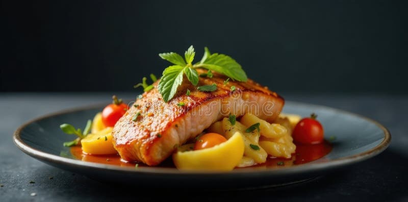 Dark Backdrop, Meticulously Arranged Gourmet Meal, Culinary, Contrast ...