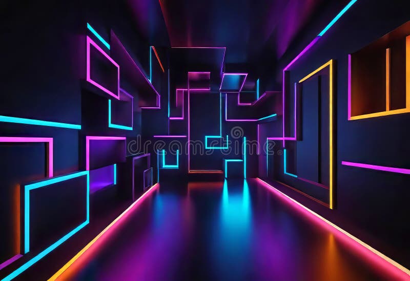 Dark Background, Abstract Geometric Blocks with Neon Light, 3D ...