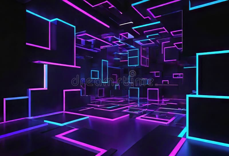 Dark Background, Abstract Geometric Blocks with Neon Light, 3D ...