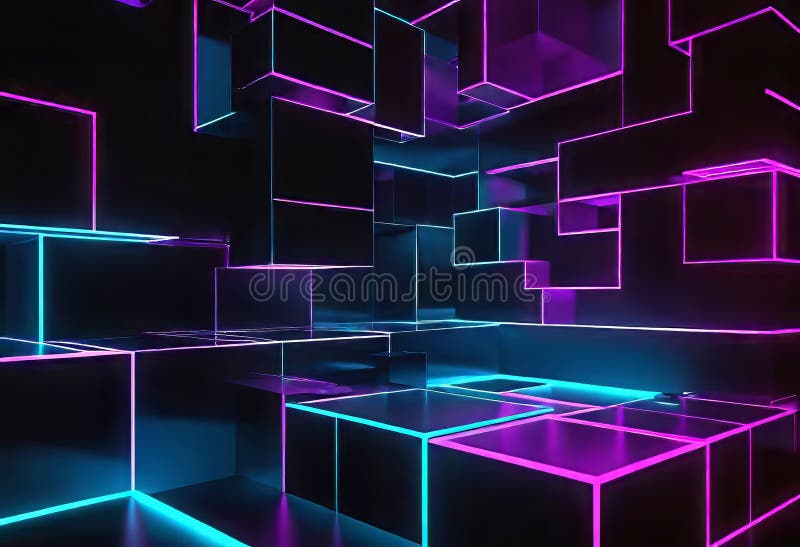 Dark Background, Abstract Geometric Blocks with Neon Light, 3D ...