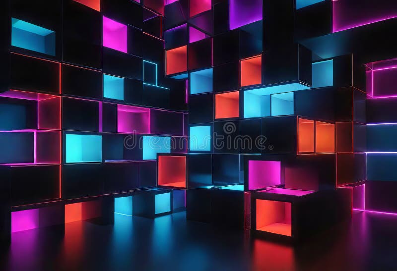 Dark Background, Abstract Geometric Blocks with Neon Light, 3D ...