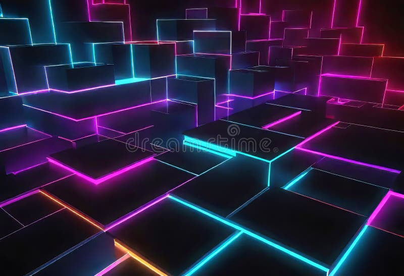 Dark Background, Abstract Geometric Blocks with Neon Light, 3D ...