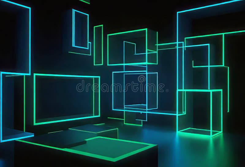 Dark Background, Abstract Geometric Blocks with Neon Light, 3D ...