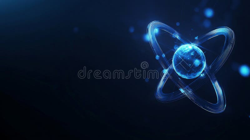 On a Dark Background, an Abstract Glowing Orange and Blue Atom Model is ...