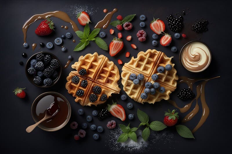 A Dark Background with Belgian Waffles Topped with Various Berries, Sauces, and Toppings ...