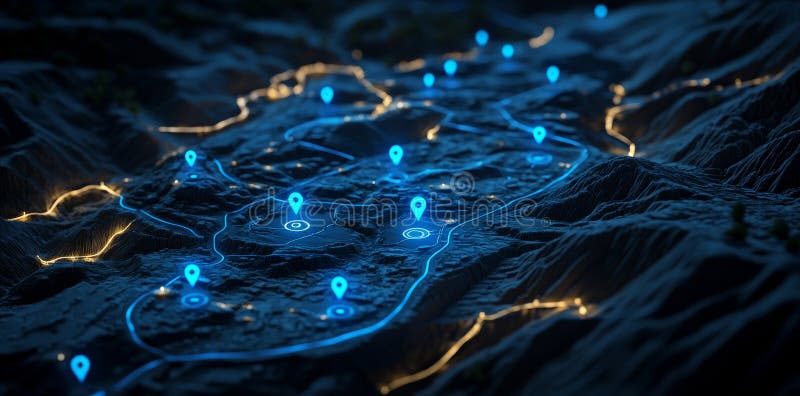 Blue Glowing Map Pins Dark Background Connected Dynamic Path Lines Stock Photos - Free & Royalty ...