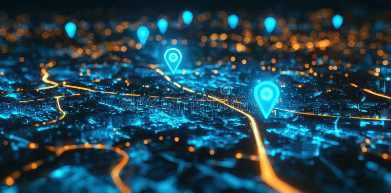 On a Dark Background, Blue Glowing Location Pins are Connected by Dynamic Path Lines on a Map ...