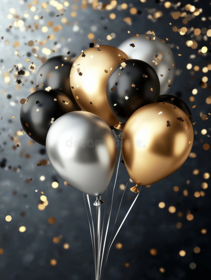 Dark Background Confetti Featuring Metallic Balloons Black Gold Silver ...