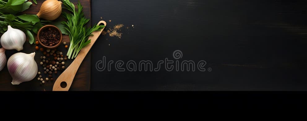 Dark Background Cooking Table with Garlic & Herbs Stock Illustration ...