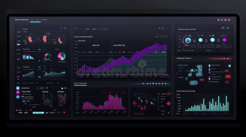 Dark Digital Dashboard with Purple and Teal Data Visualizations Stock ...