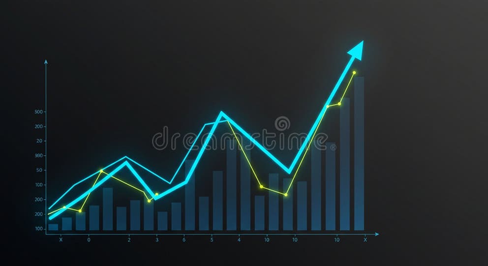 A Dark Background Features a Bar Chart and Two Line Graphs. the Blue ...