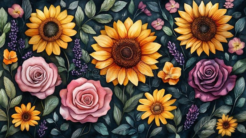 A Dark Background Features a Floral Design of Sunflowers, Roses, and ...