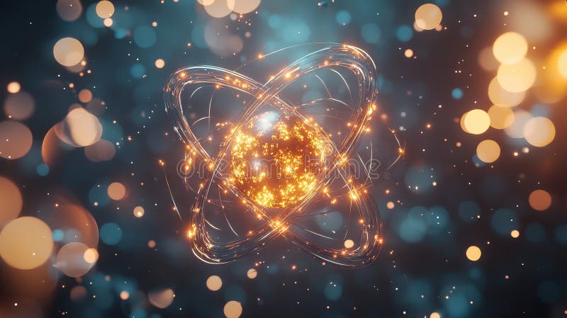On a Dark Background, a Glowing Orange and Blue Atom Model with ...