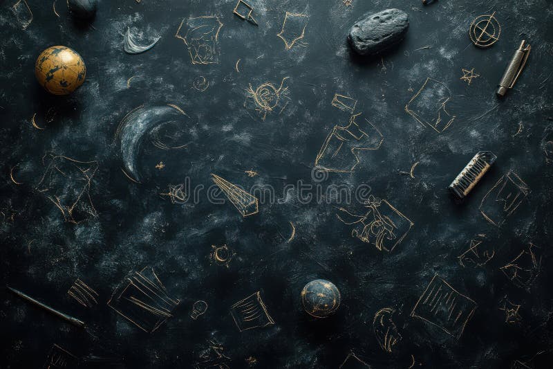 Dark Background Gold Celestial Objects and Sketches, Realistic ...
