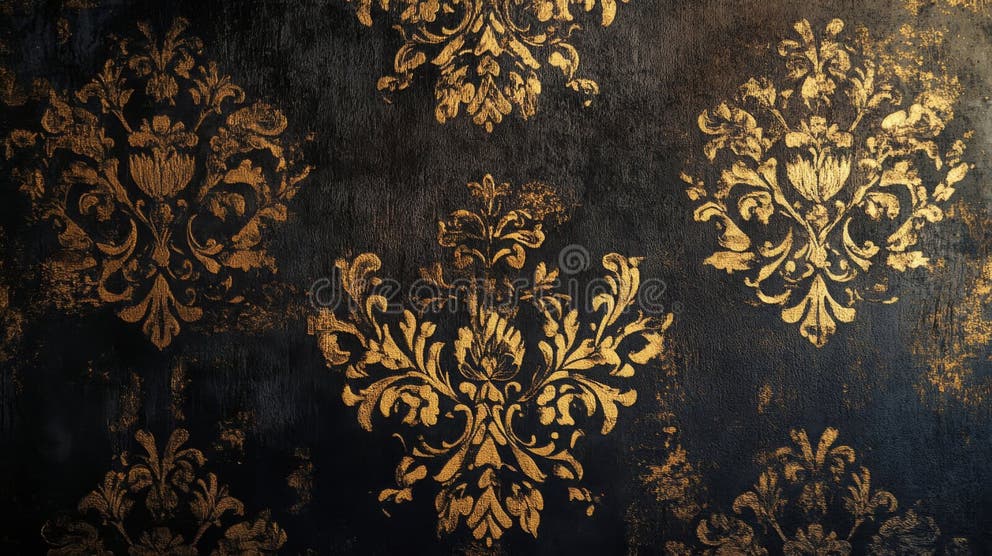 Dark Background with Gold Damask Pattern Texture Stock Illustration ...