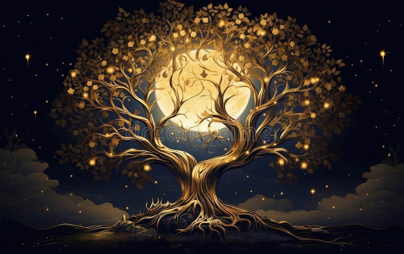 Dark Background with Golden Tree and Moon. Generative AI Stock ...