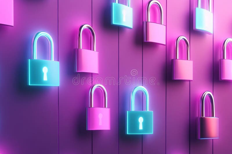 A Dark Background Highlights Colorful Locks with Neon Lights, Embodying Security and Protection ...