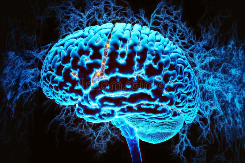 Dark Background with Illuminated Model of Brain in Blue Tones Stock ...