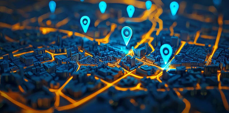 A Dark Background Image Features a Map with Blue Glowing Pins and Dynamic Lines Tracing Paths ...