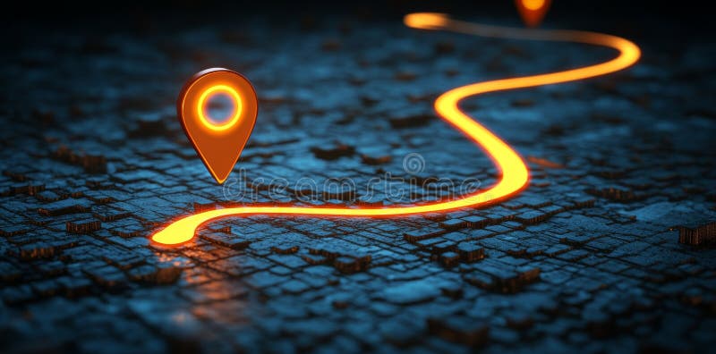 Dark Background Image Featuring Blue Glowing Location Pins on a Map Connected by Dynamic Path ...