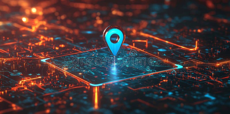 A Dark Background Image Shows a Map with Blue Shining Location Pins ...