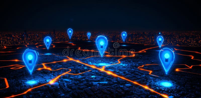 On a Dark Background, a Map Displays Blue Glowing Pins Connected by Dynamic Lines Indicating ...