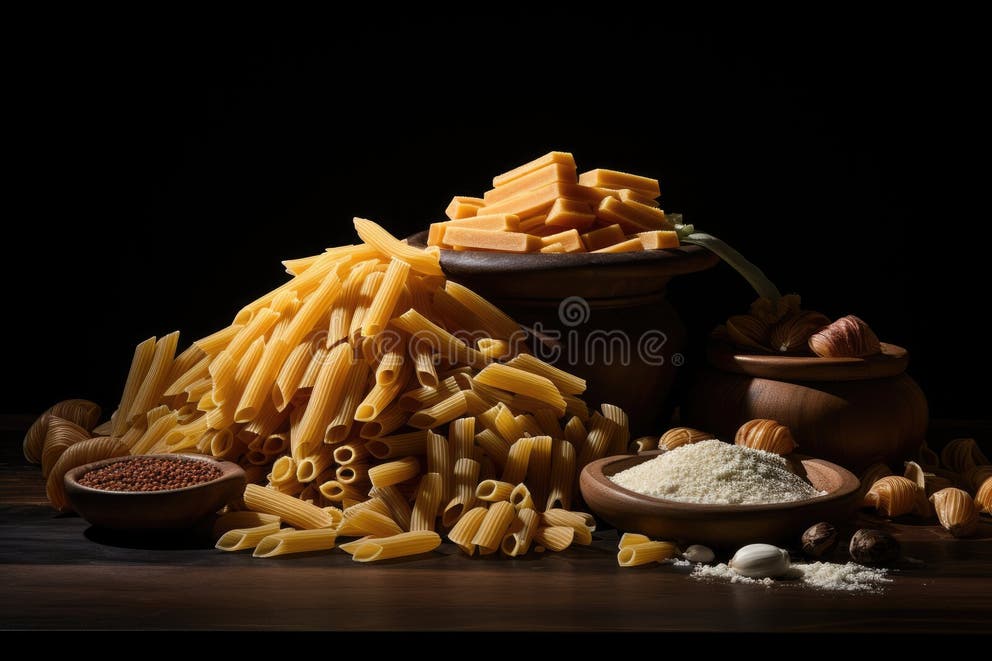 Tubular Pasta on a Black Plate and on a Dark Background. Stock ...