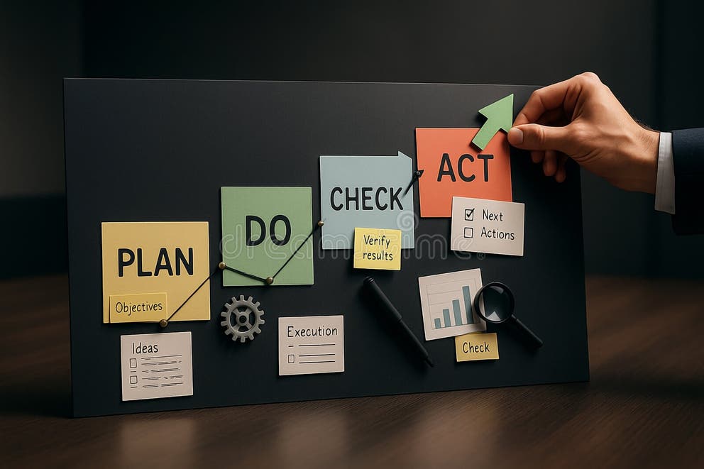 Dark Background PDCA Model with Pinned Colored Paper Blocks, Gears ...