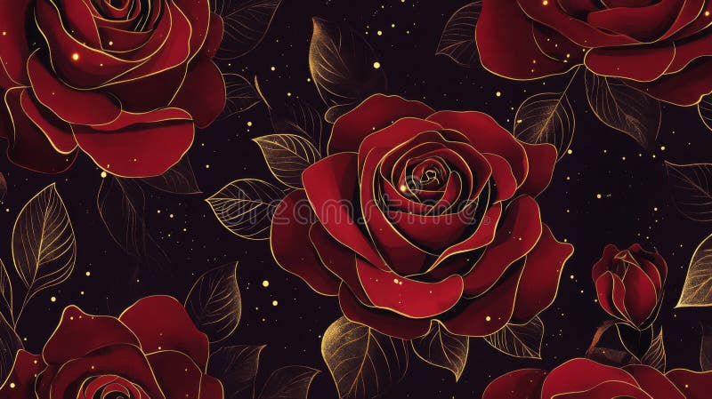 Dark Background Red Roses Gold Leaf Design Stock Illustration ...