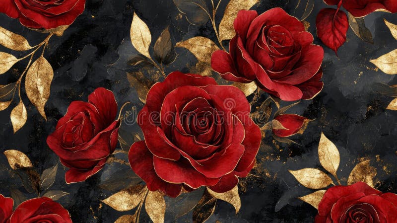 Dark Background Red Roses Gold Leaf Pattern Stock Illustration ...
