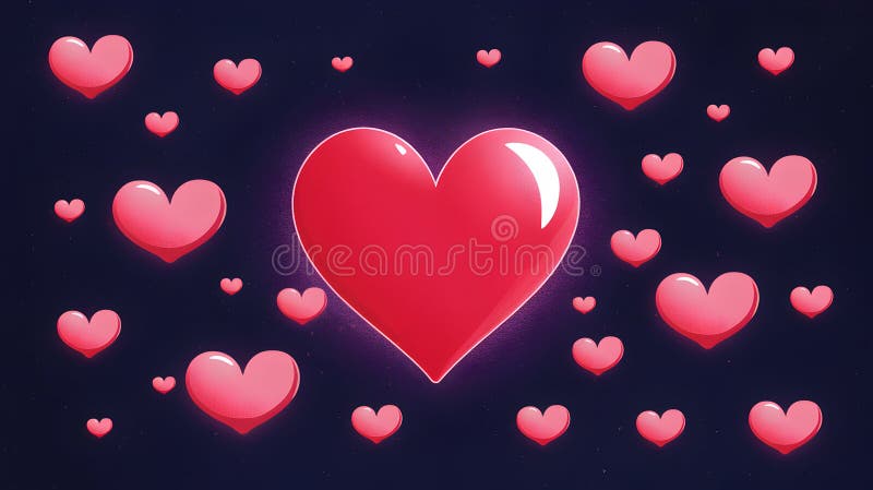 Dark Background with Scattered Pink Hearts, Central Large Heart Glowing ...