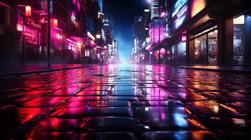 Dark Background Scene of Empty Street Neon Lights Reflection Stock ...