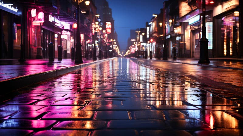 Dark Background Scene of Empty Street Neon Lights Reflection Stock ...