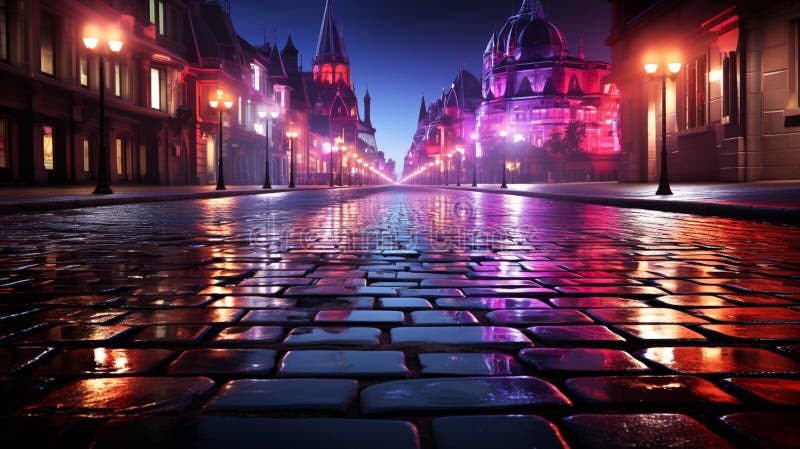 Dark Background Scene of Empty Street Neon Lights Reflection Stock ...