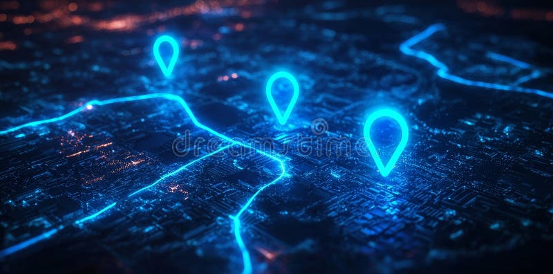 A Dark Background Showcases Blue Glowing Pins on a Map, Linked by ...