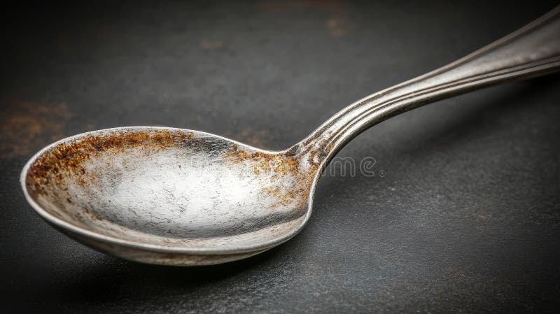 On a Dark Background with a Textured Finish, a Polished Steel Spoon is ...