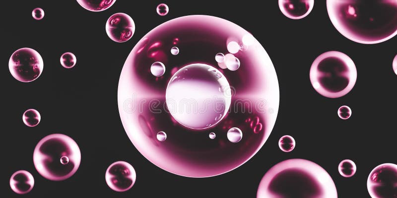 Dark Background with Transparent Pink Bubbles and DNA Strands. 3d ...