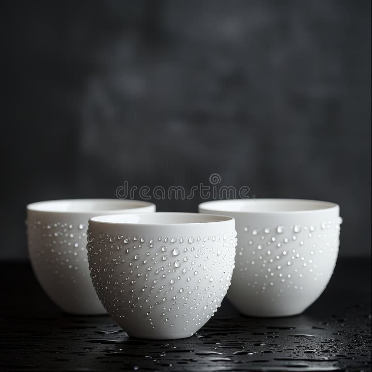 With Dark Backgrounds and Embossed Details, Three White Ceramic Cups ...