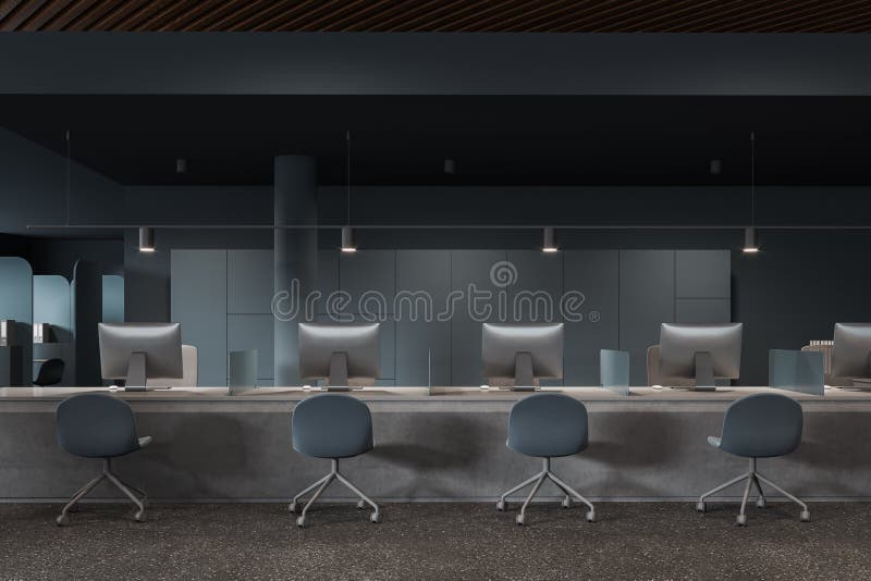 Dark Bank Interior with Consulting Work Zone with Chairs and Pc Desktop ...