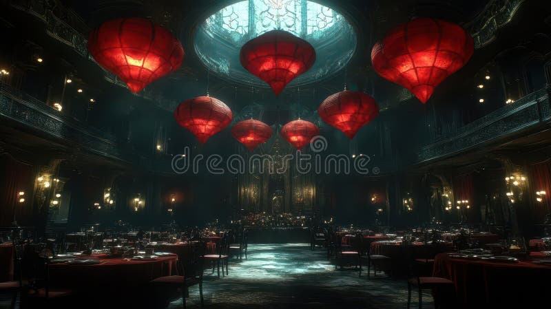Dark Banquet Hall with Red Lanterns Stock Image - Image of opulent ...