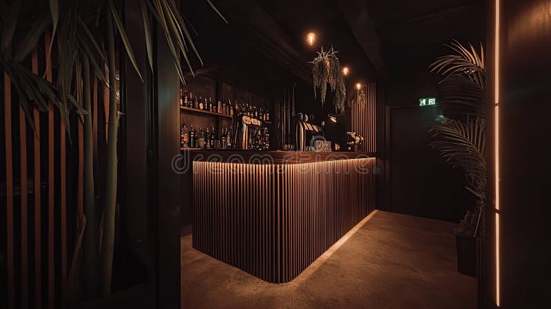 Dark Bar Interior, Plants, Lighting, Concrete Floor, Nighttime Ambiance ...